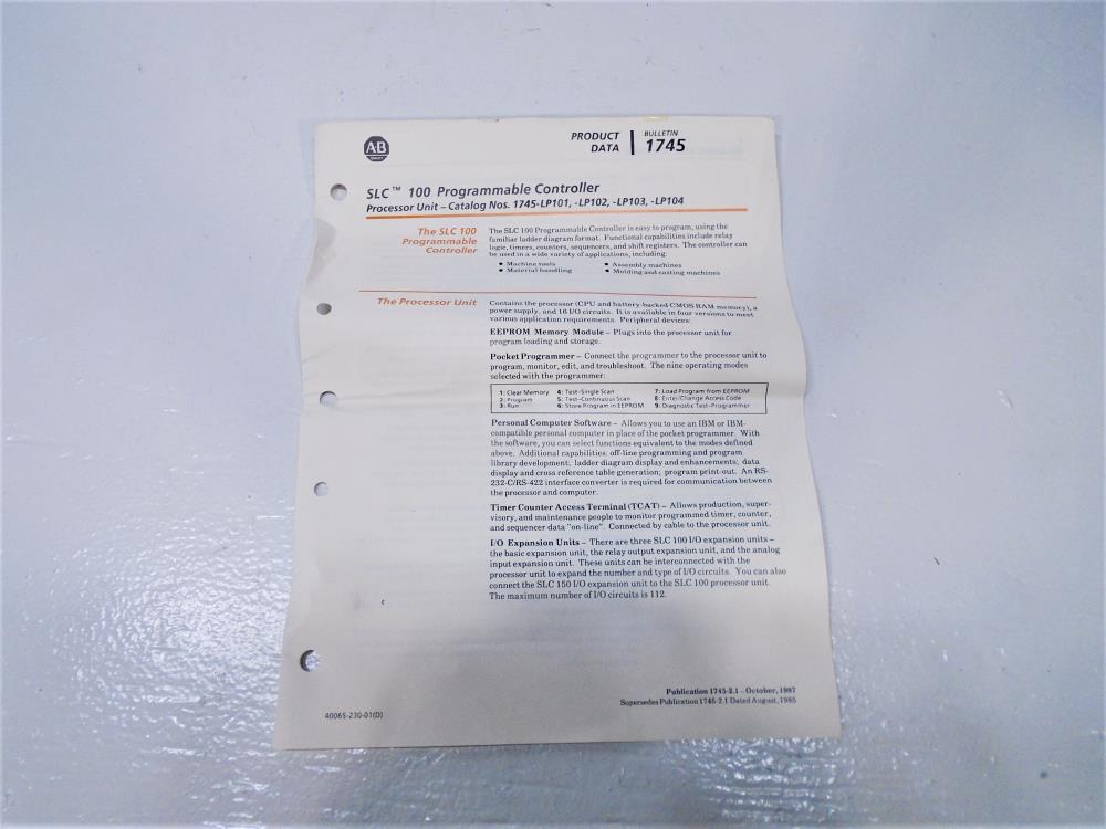 Allen Bradley SLC 100 Programmable Controller 1745-LP101